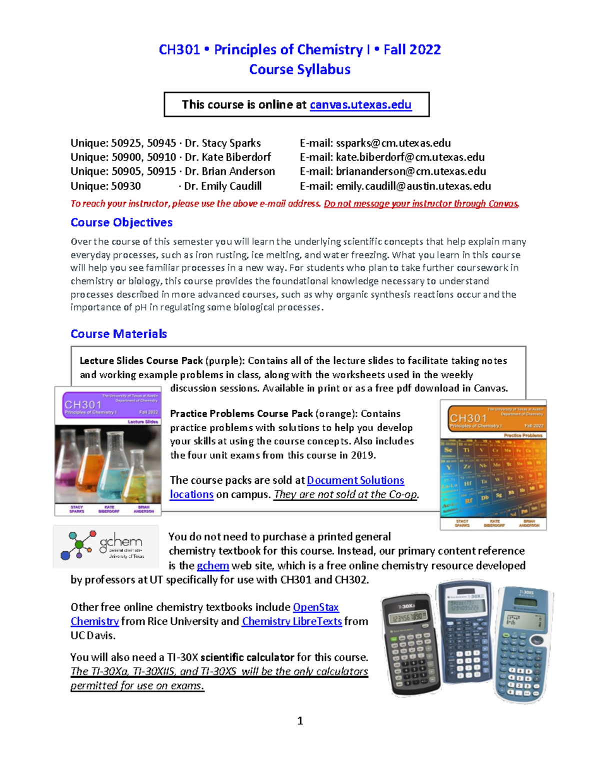 CH301 Syllabus Fall 2022 - CH301 • Principles of Chemistry I • Fall 202 ...