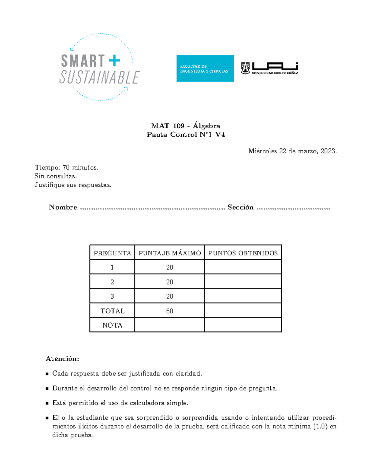 Algebra 2023-1 Pauta Control 1 V4 - MAT 109 - ́Algebra Pauta Control N 1 V Mi ́ercoles 22 de ...