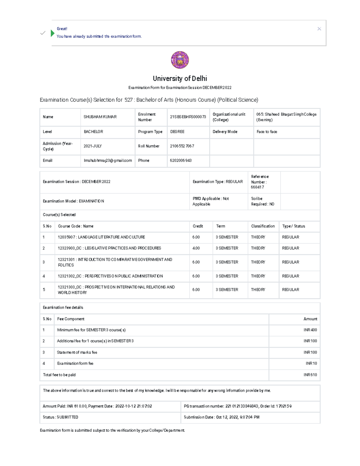 3sem xam fee - Must read it - Great! You have already submitted the examination form ...