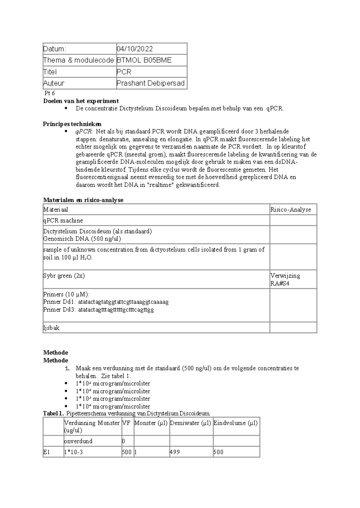 PT MBE - Datum: 04/10/ Thema & modulecode BTMOL B05BME Titel PCR Auteur ...