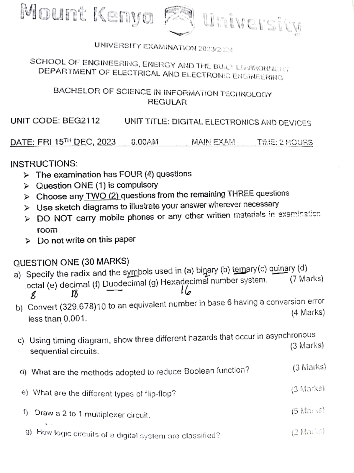 Digital Electronics Past Papers - Software Engineering - Studocu