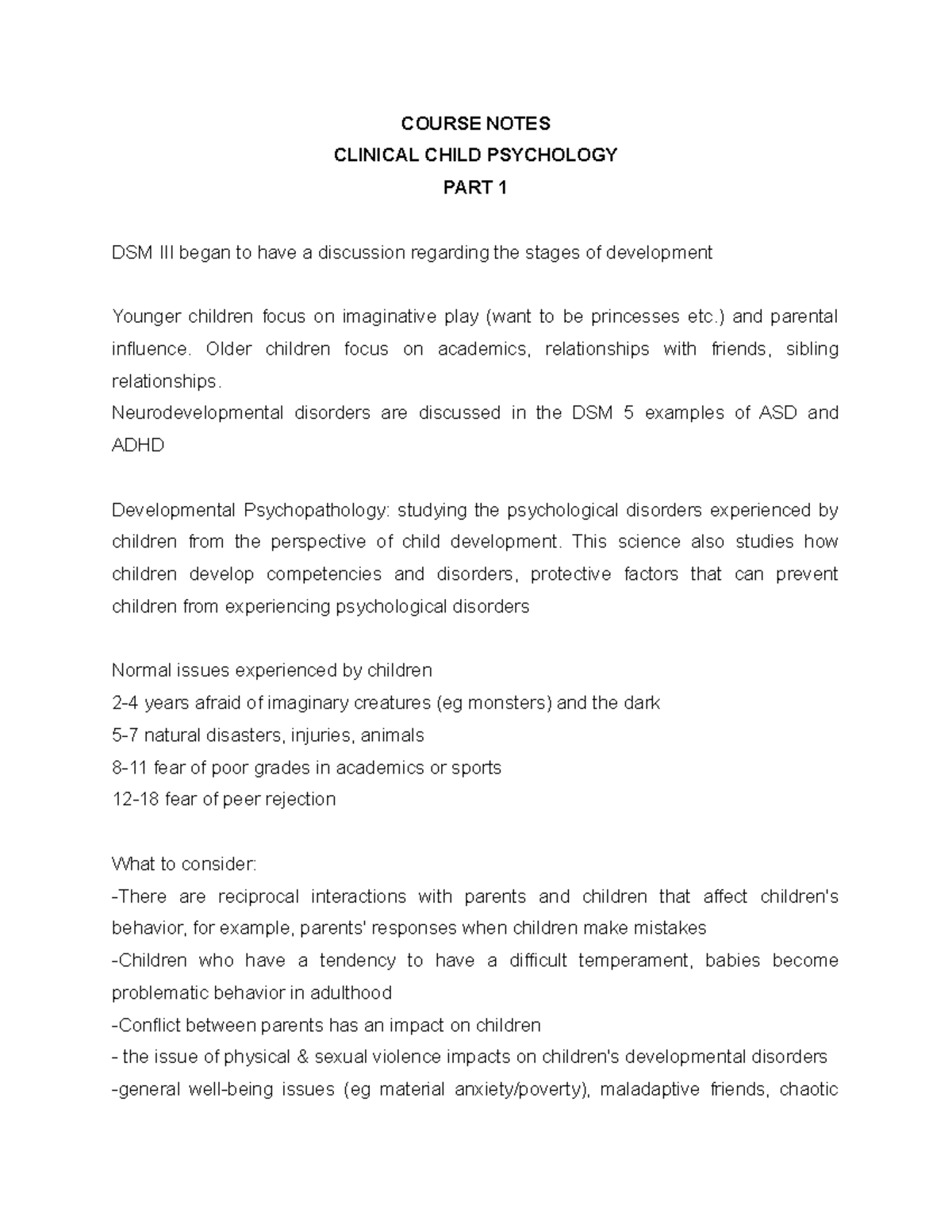 Course Notes Clinical Child Psychology PART 1 - COURSE NOTES CLINICAL ...