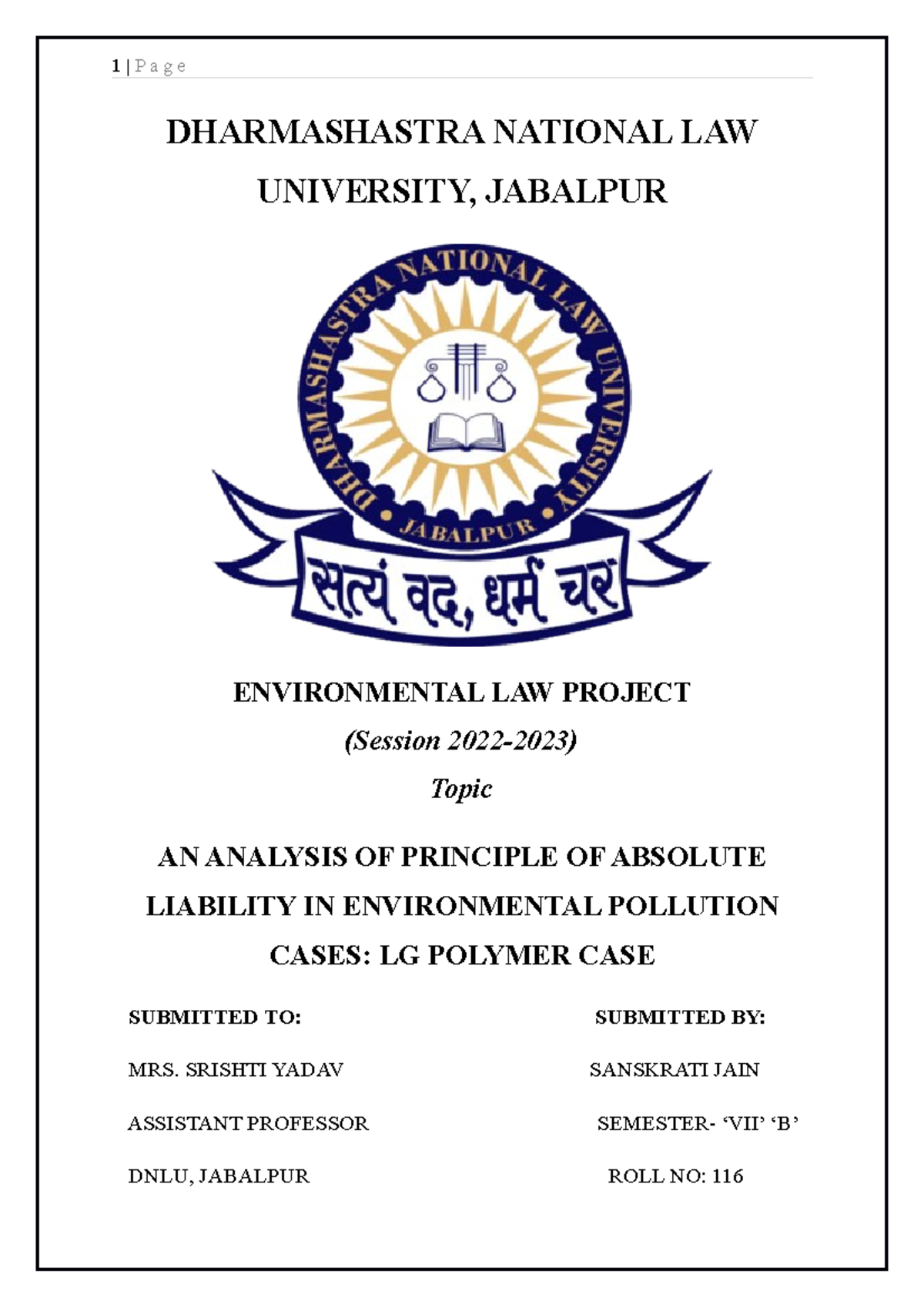 Environmental Law Project - DHARMASHASTRA NATIONAL LAW UNIVERSITY ...