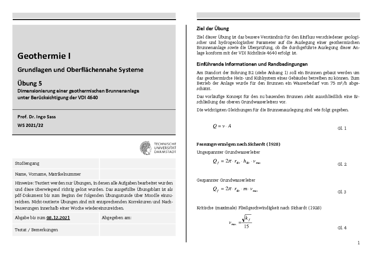 WS2021 22 5 Übung Geothermie I - Geothermische Brunnenanlage ...