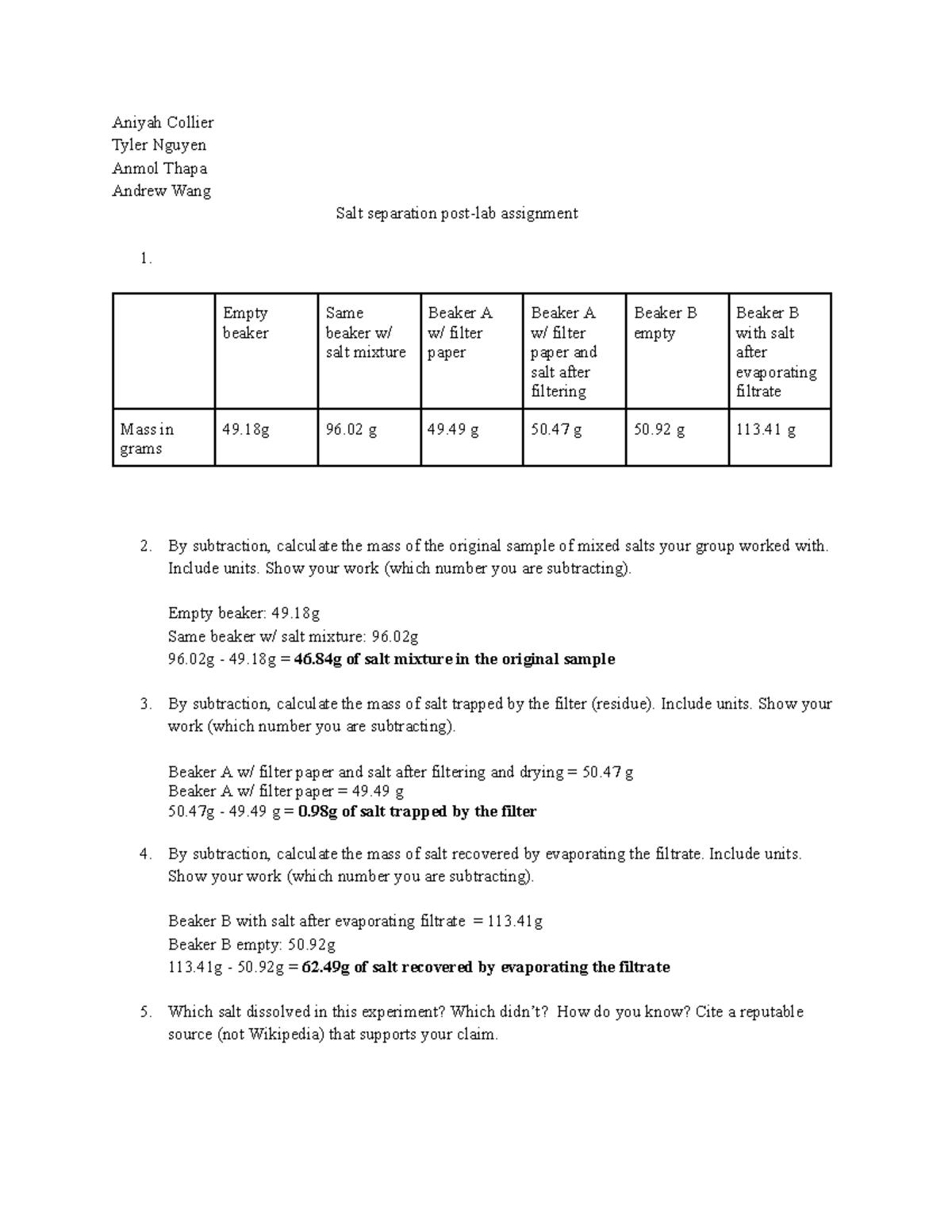 Salt separation lab - lab - Aniyah Collier Tyler Nguyen Anmol Thapa ...