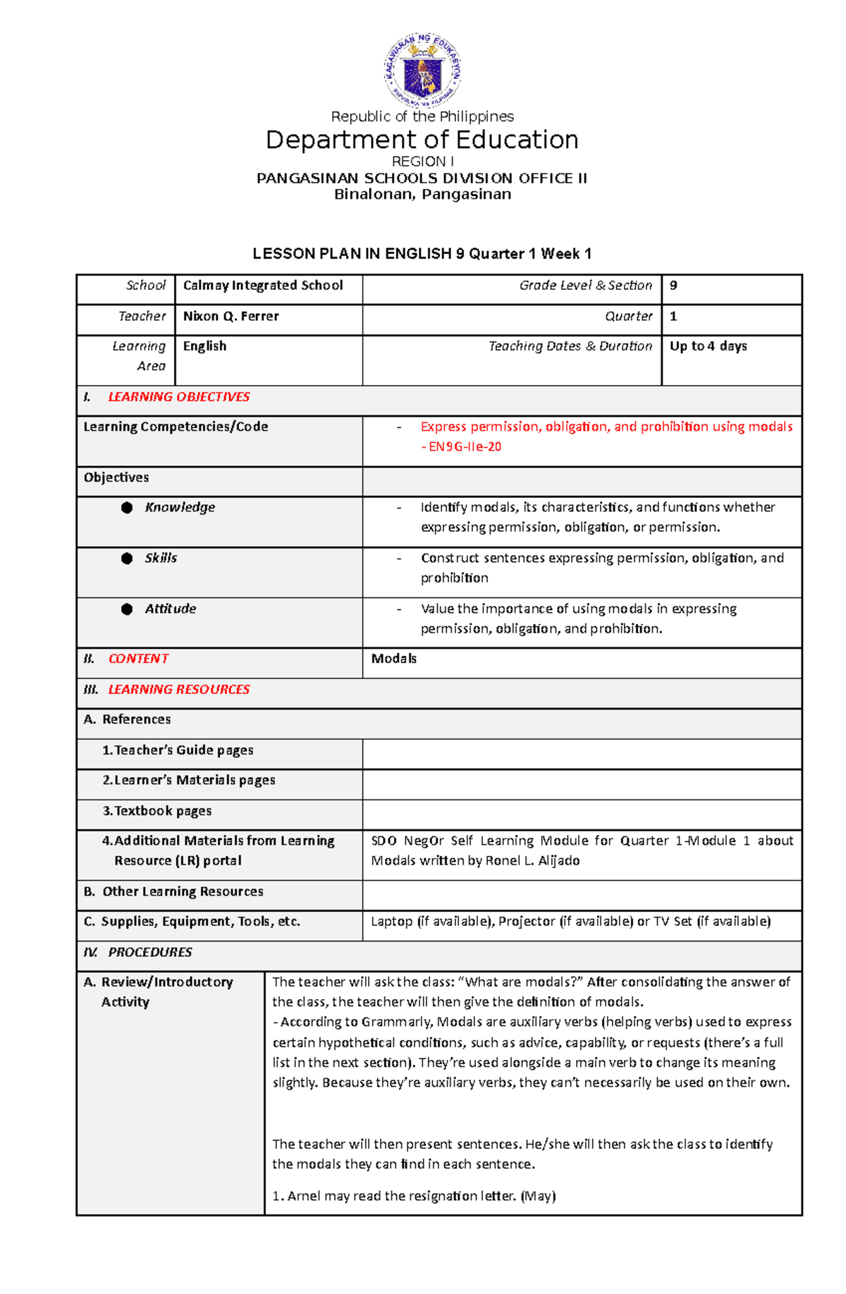 G9 Q1 Week1 Modals - Modukes - Republic of the Philippines Department ...