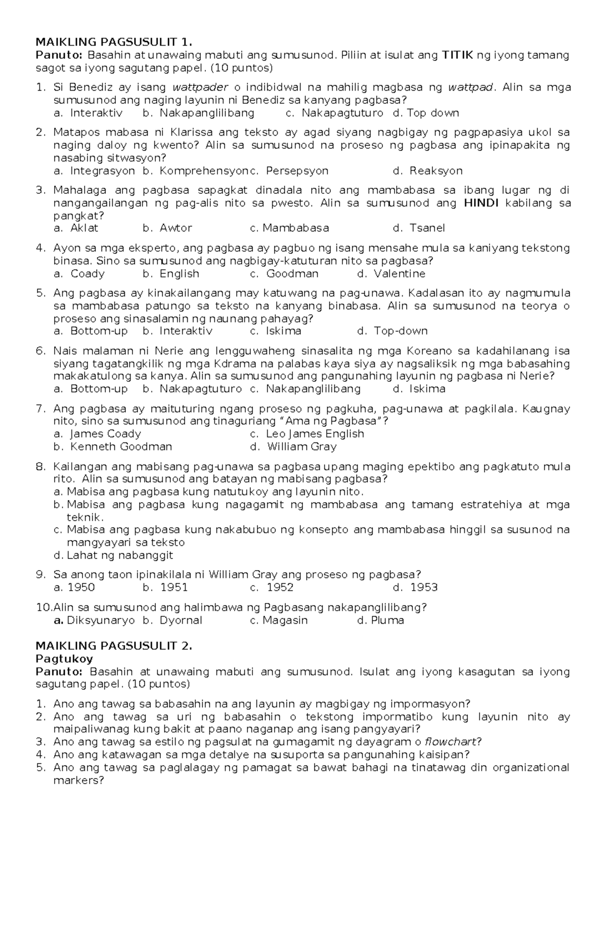 Maikling Pagsusulit Bilang 1-4 - MAIKLING PAGSUSULIT 1. Panuto: Basahin ...