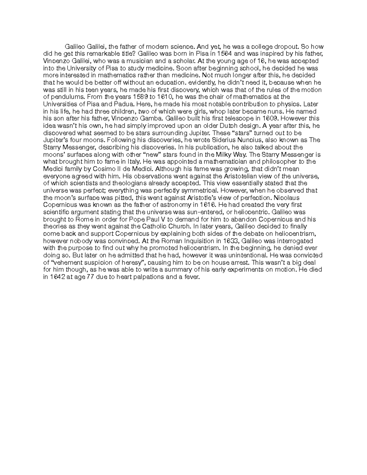 AS101 Learning Assignment 1 - Galileo Galilei, the father of modern ...