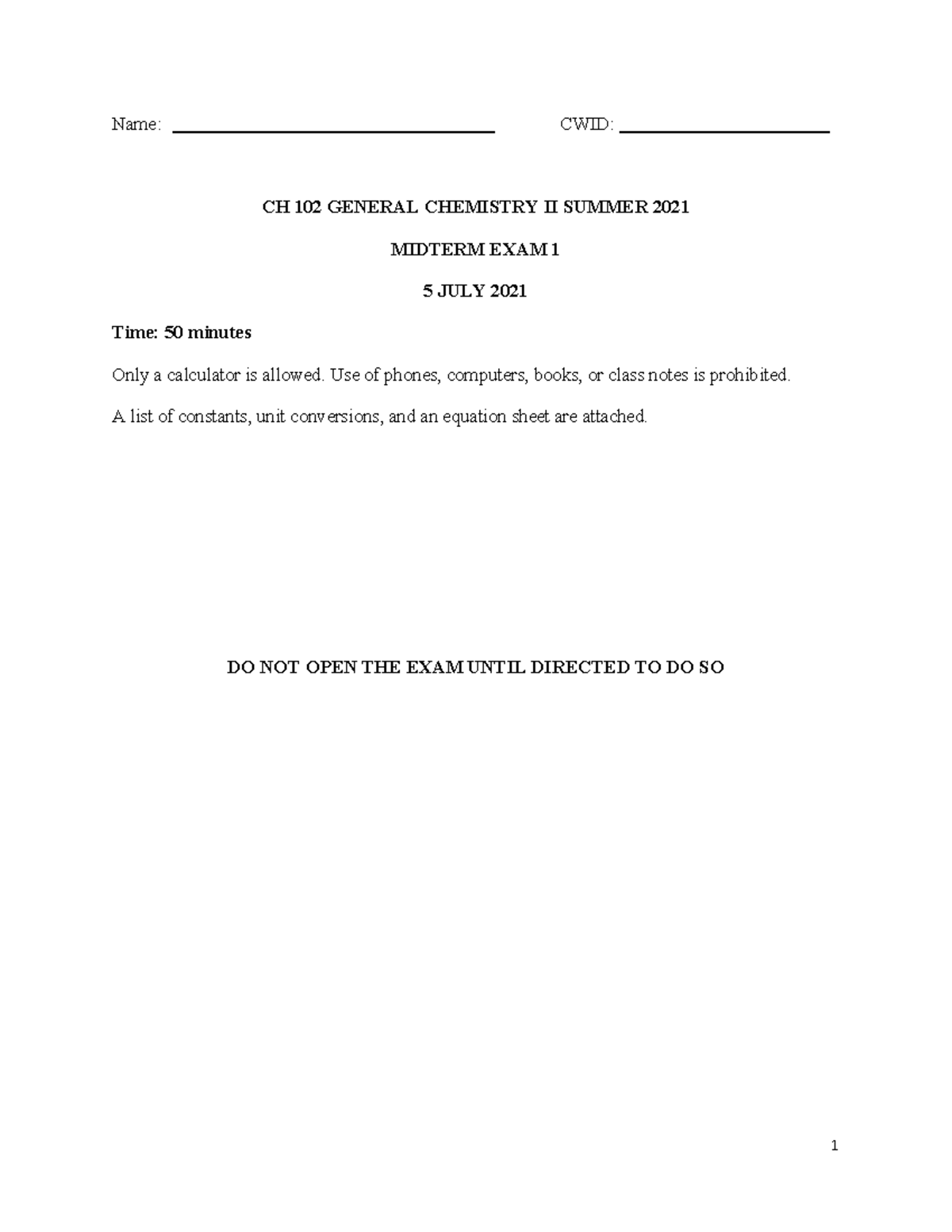 Old midterm 1 - Name: CWID: CH 102 GENERAL CHEMISTRY II SUMMER 2021 ...
