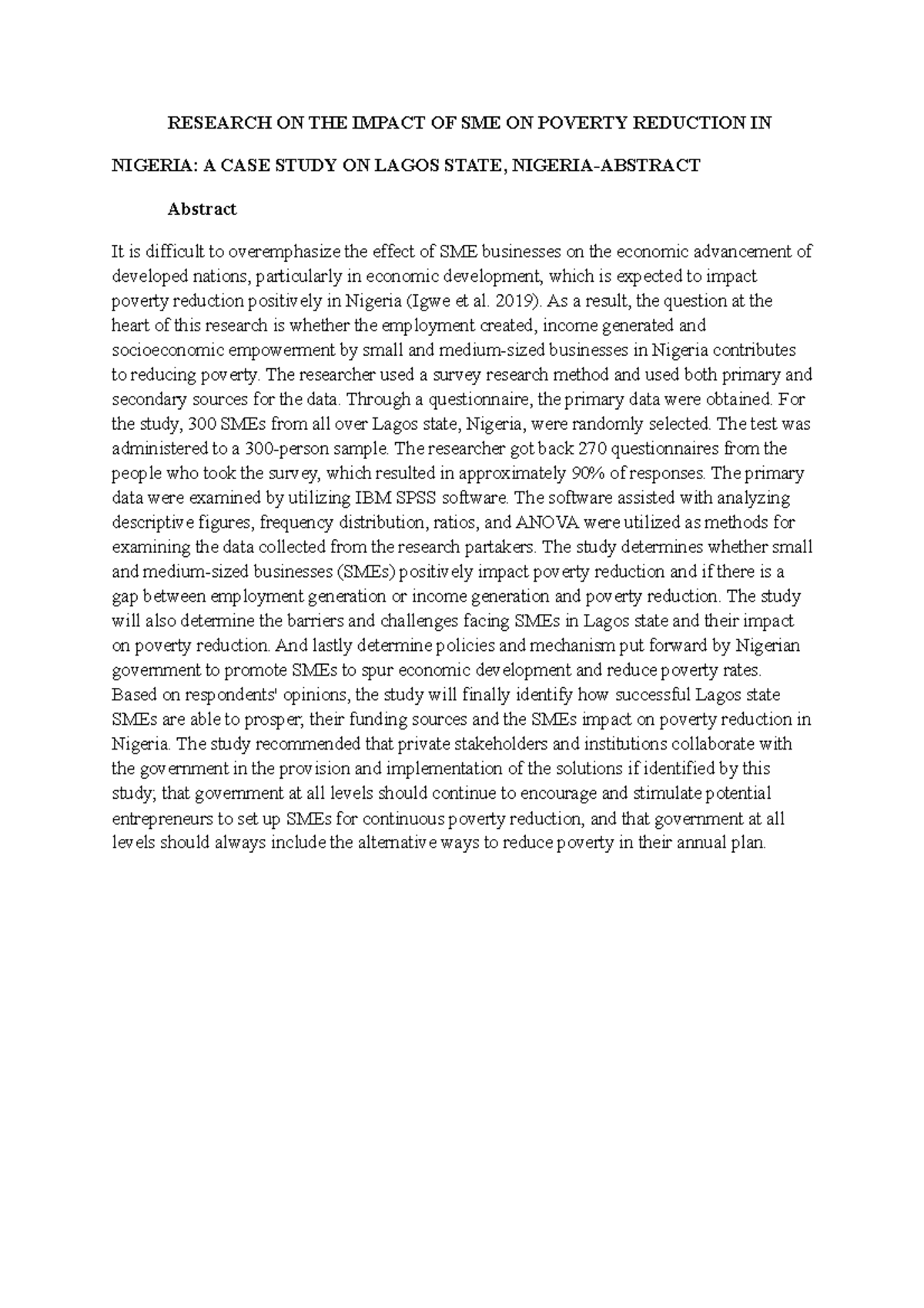 Research ON THE Impact OF SME ON Poverty Reduction IN Nigeria- Abstract ...