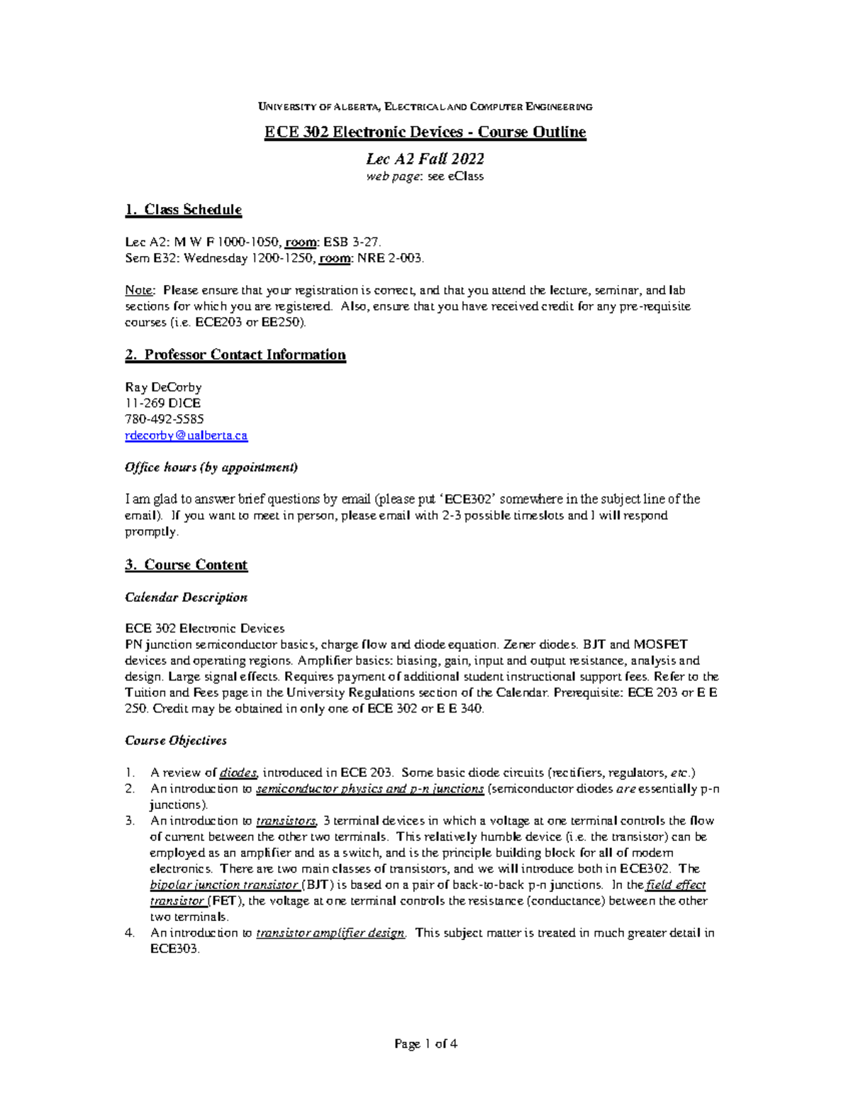 ECE 302 Outline fall 2022 - UNIVERSITY OF ALBERTA, ELECTRICAL AND ...