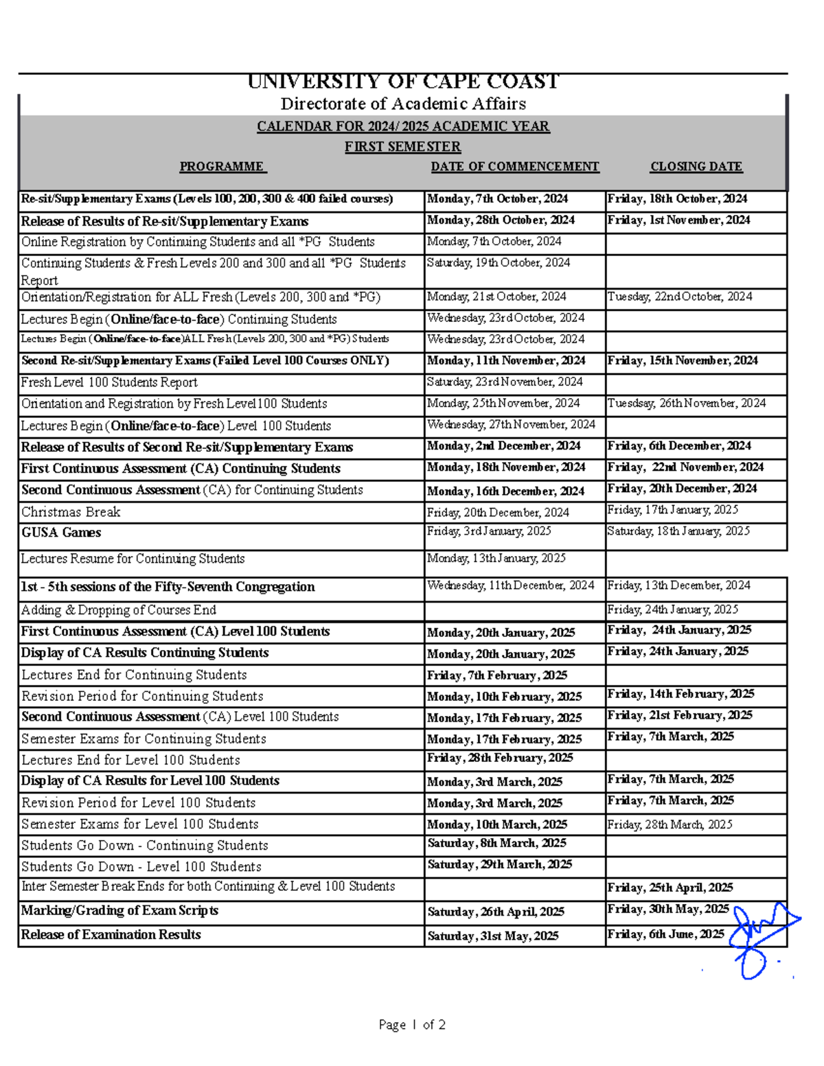 Norman Informs Official 2024-2025 approved Calendar UCC - PROGRAMME ...