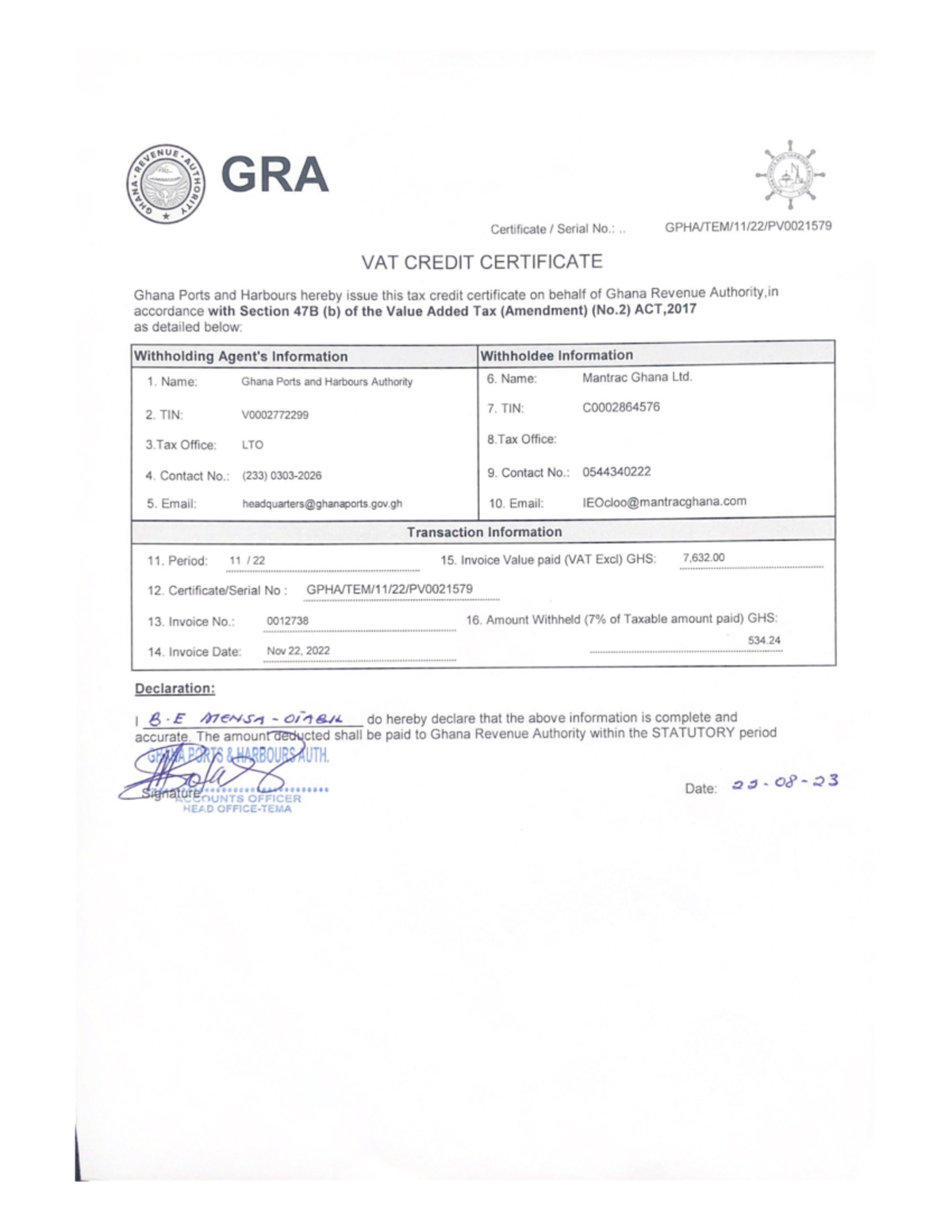 GRA 10 - tax - PREVENUE NTH GRA Certificate Serial No.: VAT CREDIT ...