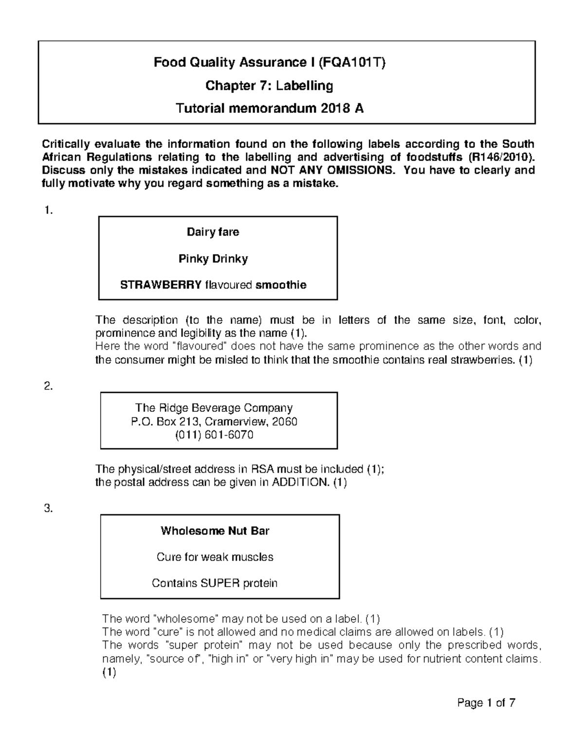 Chapter 7 - Tutorial memorandum 2018 A - Food Quality Assurance I (FQA101T) Chapter 7: Labelling ...