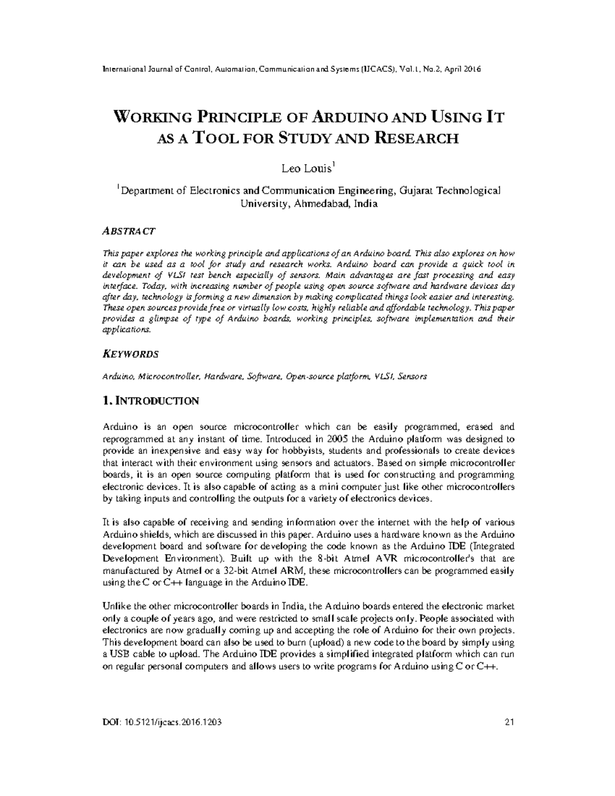 Iot - DOI: 10.5121/ijcacs.2016 21 WORKING PRINCIPLE OF ARDUINO AND ...