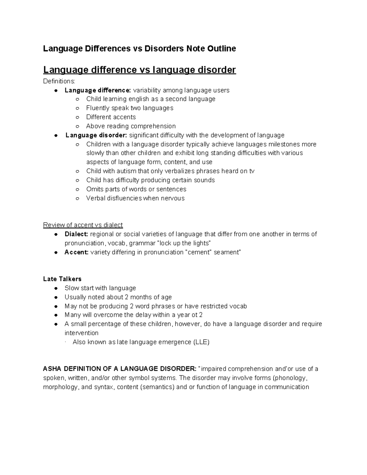 differences vs disorders - The disorder may involve forms (phonology ...