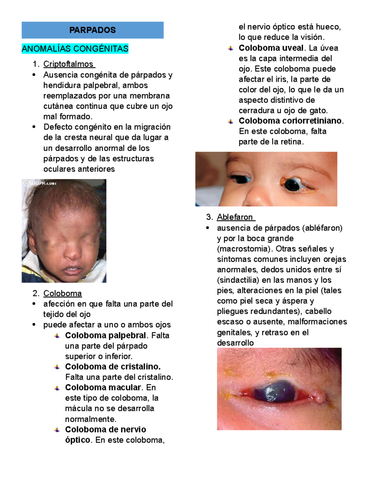 Apuntes OFTA parte 2 parcial 2 - ANOMALÍAS CONGÉNITAS 1. Criptoftalmos ...
