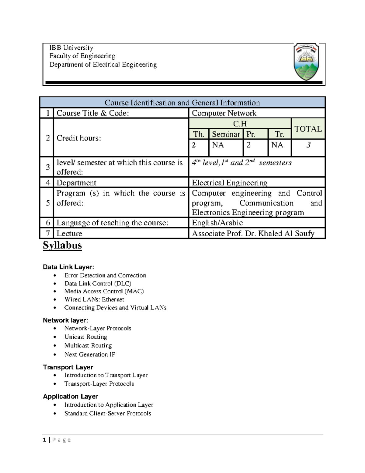CN Lect1 - Previous - IBB University Faculty of Engineering Department ...