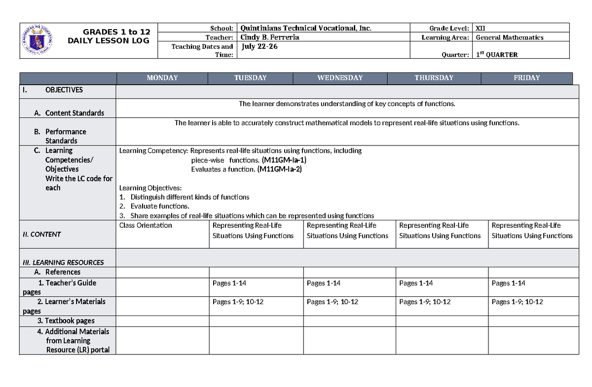 GM DLL (week1) - Daily lesson log sample - GRADES 1 to 12 DAILY LESSON LOG School: Quintinians ...