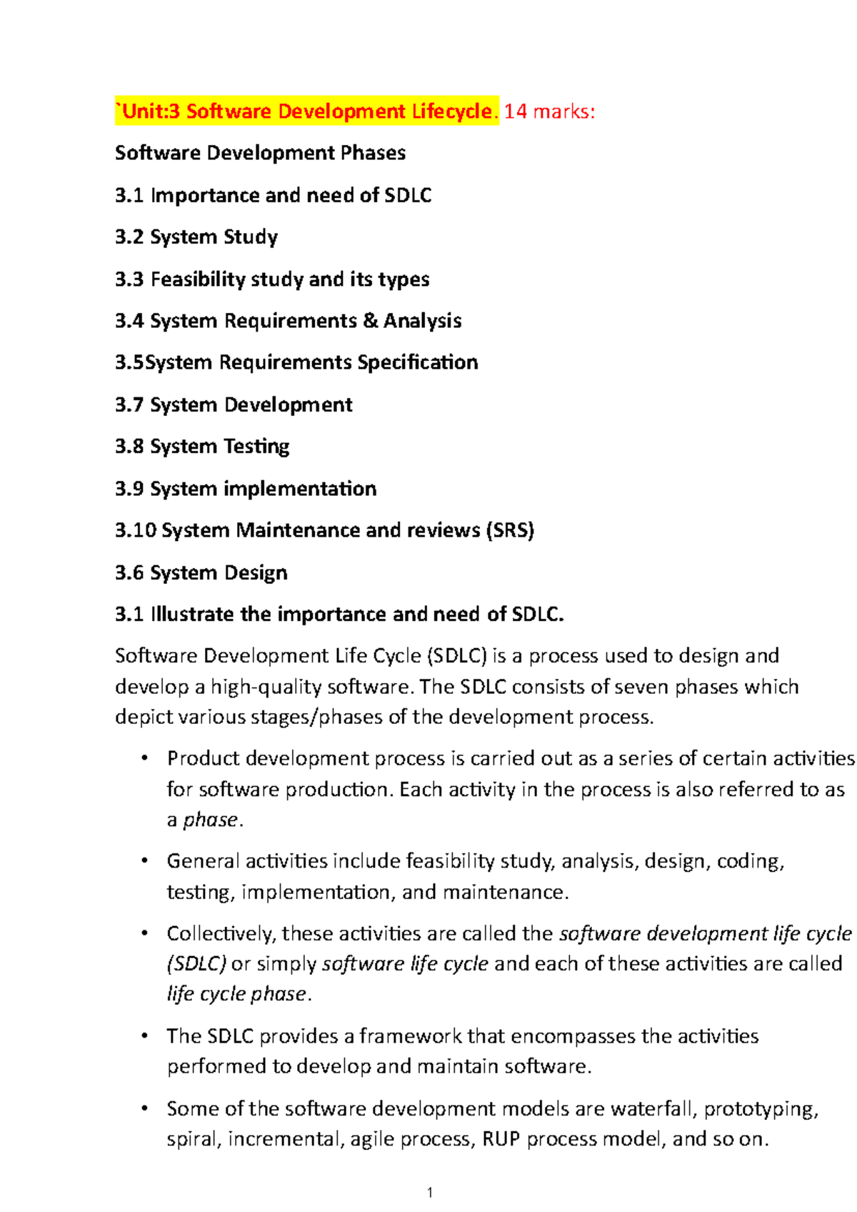 Unit-3 Software Engineer - `Unit:3 Software Development Lifecycle. 14 marks: Software ...