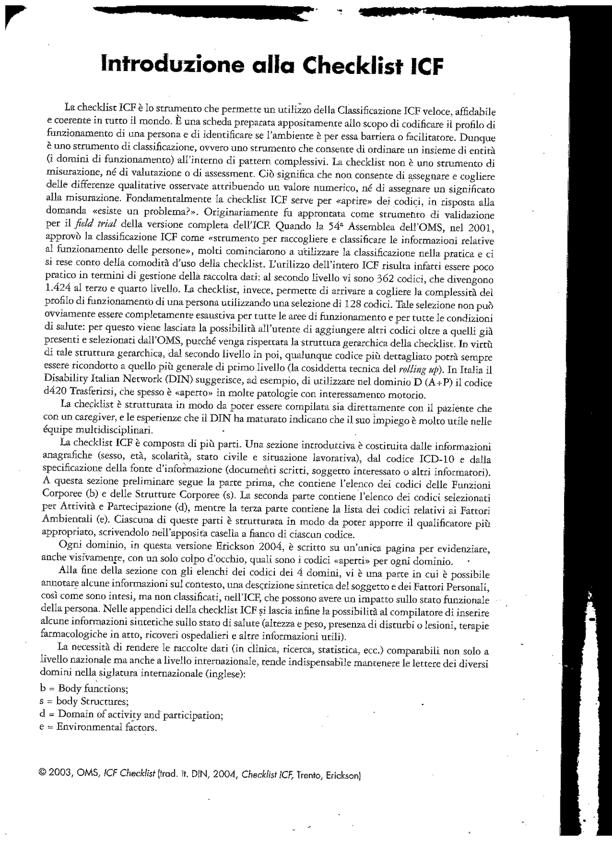 Icf checklist - Psicologia generale - Studocu