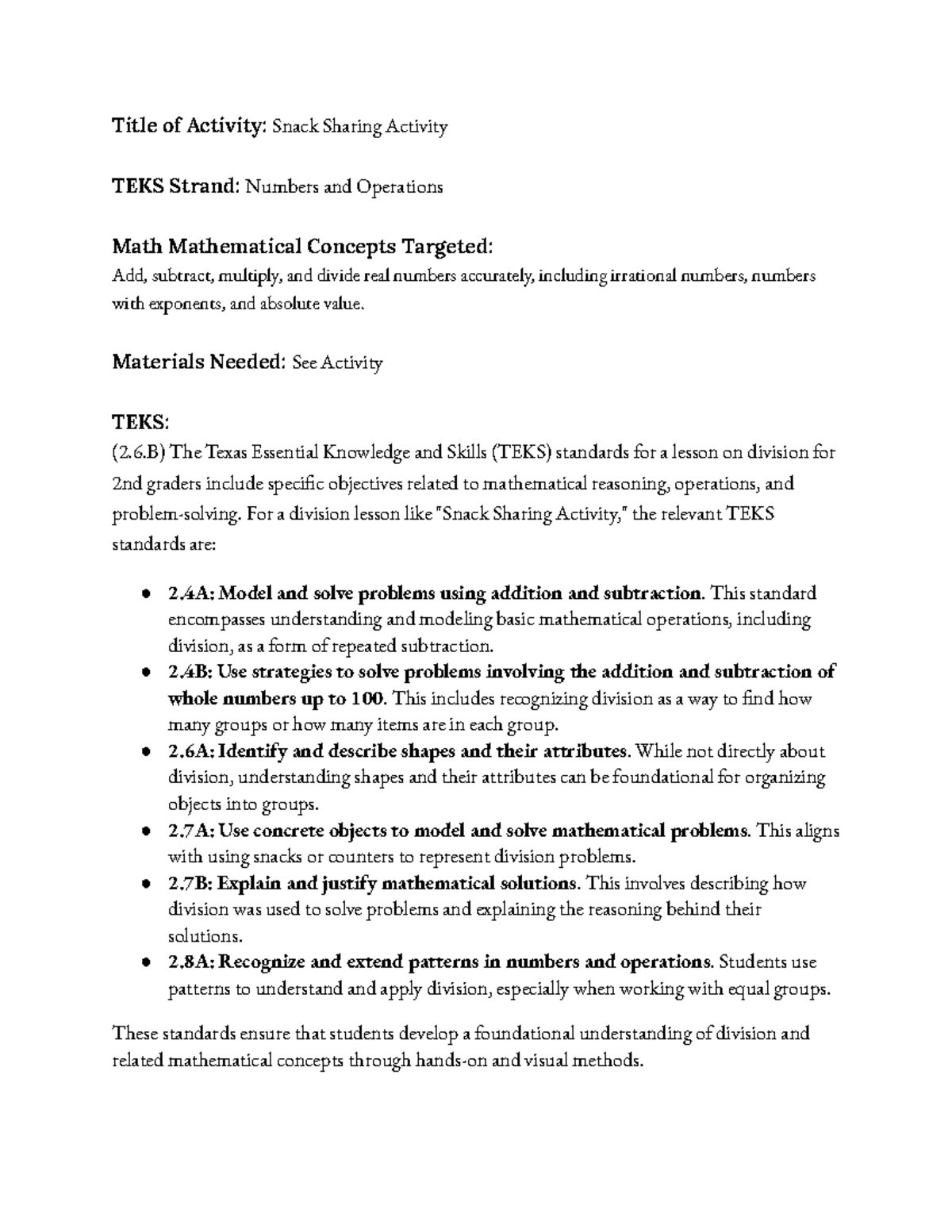 Outline 1 - Title of Activity: Snack Sharing Activity TEKS Strand ...
