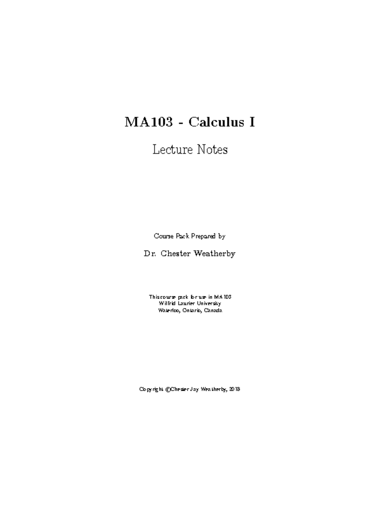 MA103 - Calculus I Lecture Notes and Course Pack - MA103 - Calculus I ...