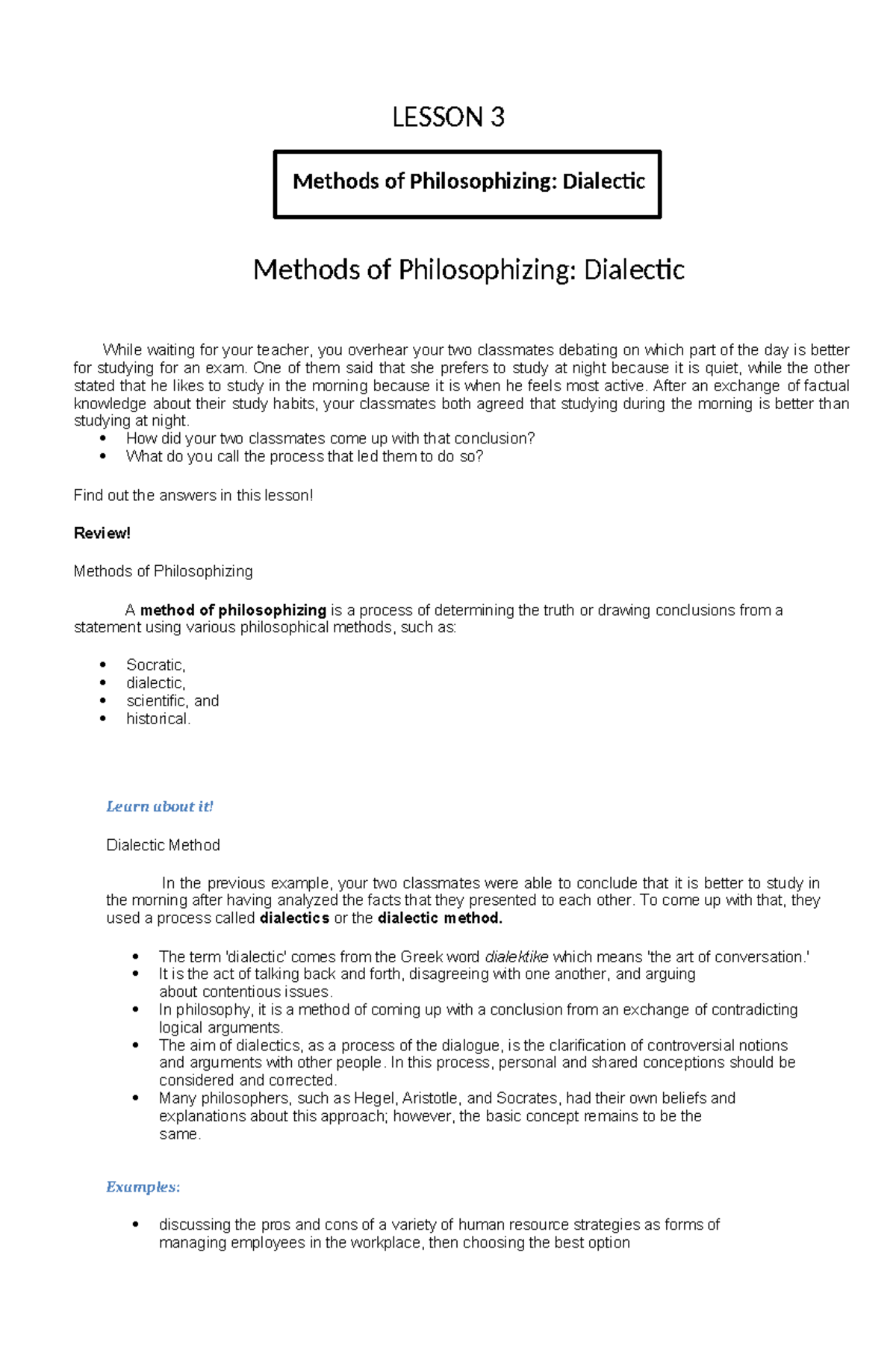 Lesson 3 - LESSON 3 Methods of Philosophizing: Dialectic Methods of ...