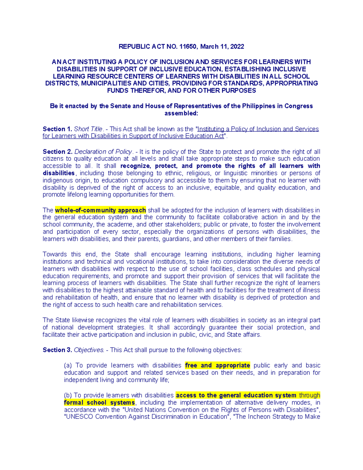 RA-11650 - REPUBLIC ACT NO. 11650, March 11, 2022 AN ACT INSTITUTING A ...