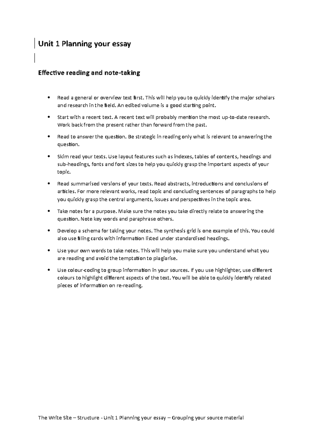 Structure Unit 1 Note Taking - Unit 1 Planning your essay Effective ...