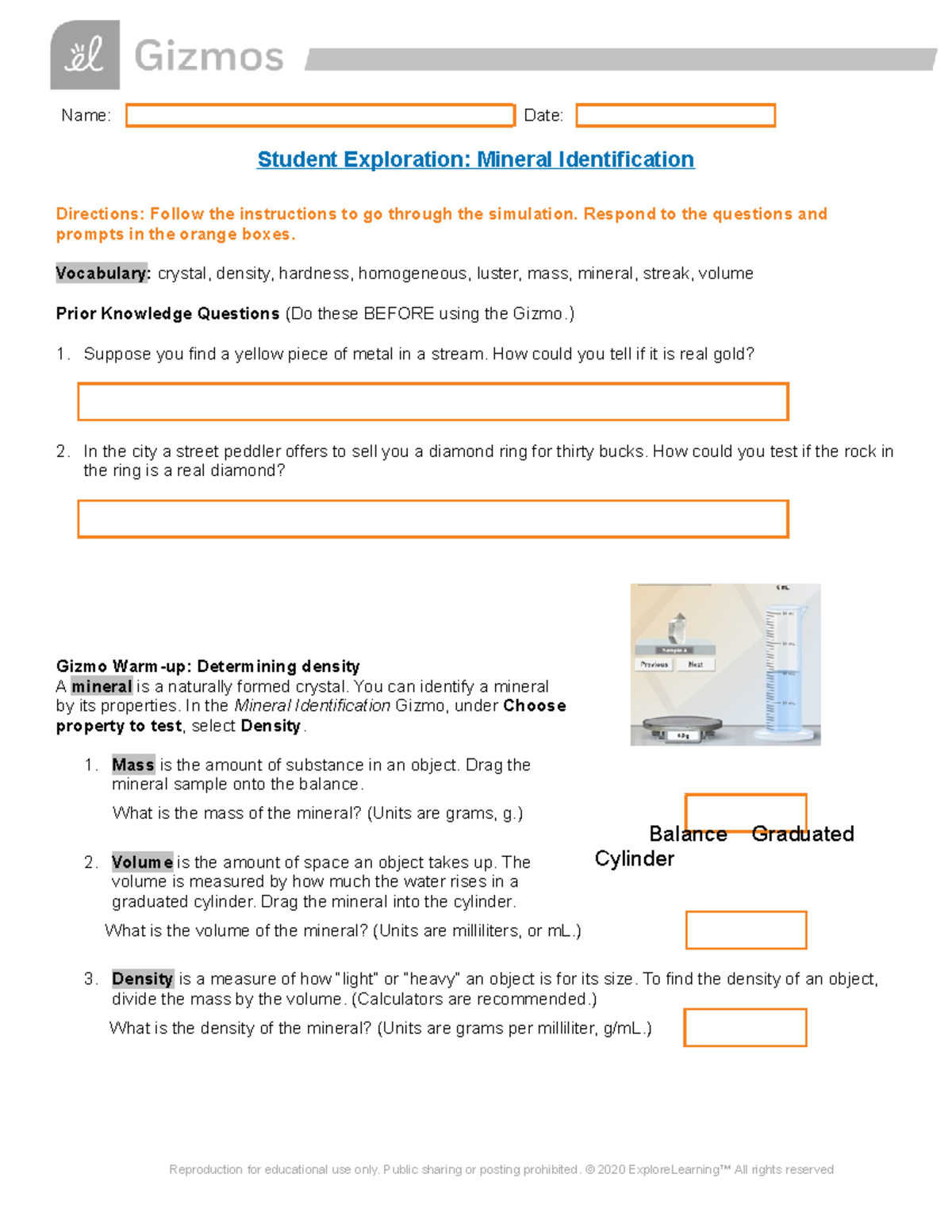 Mineral Identification Worksheet - Name: Date: Student Exploration ...