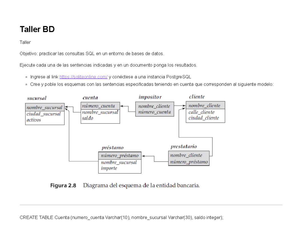 Taller Base Datos - Taller BD Taller Objetivo: practicar las consultas SQL en un entorno de ...