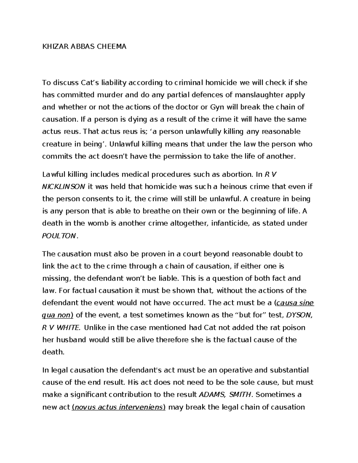 Criminal assignment Homicide - KHIZAR ABBAS CHEEMA To discuss Cat’s ...