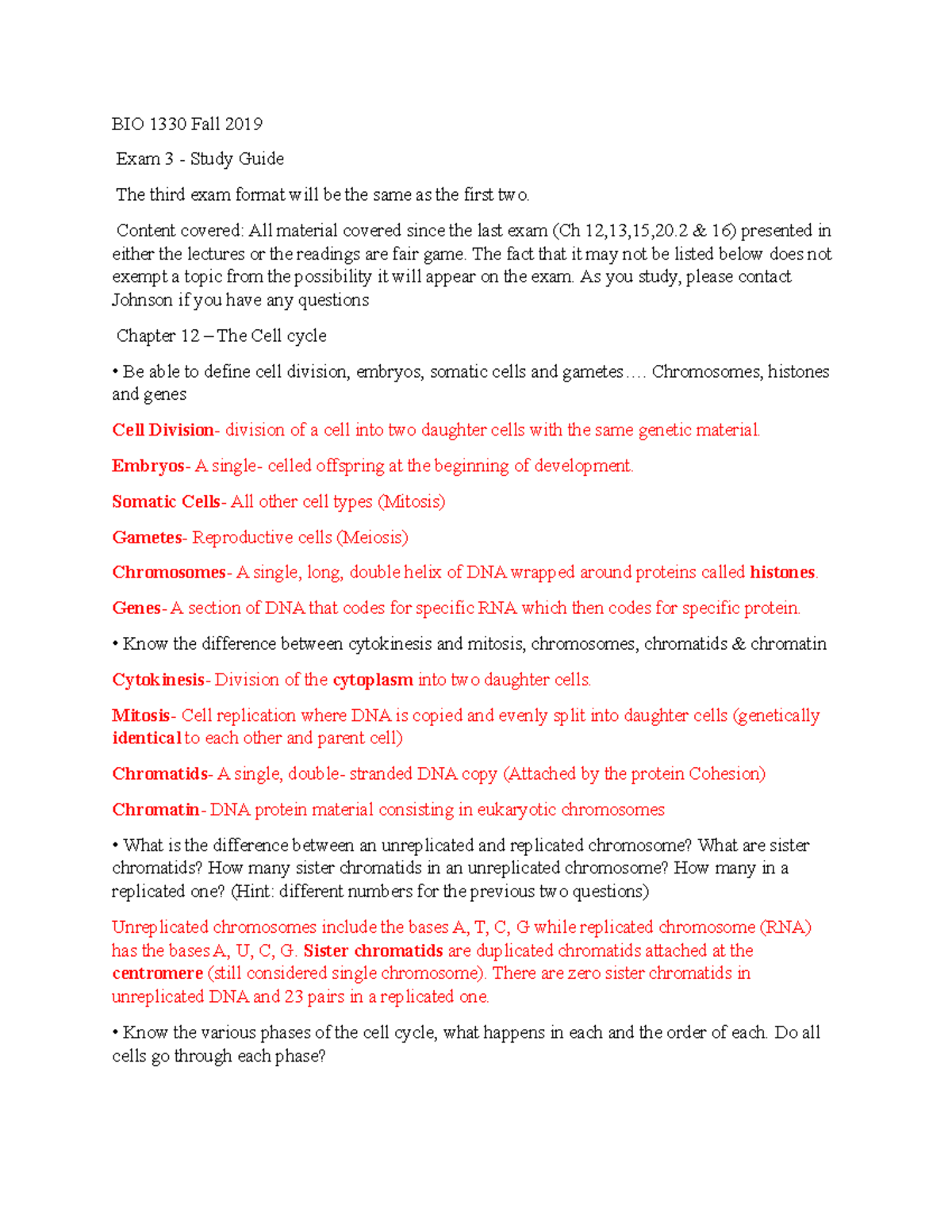 BIO 1330 - Lecture notes 12-13 - BIO 1330 Fall 2019 Exam 3 - Study ...