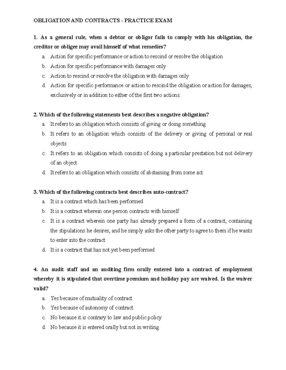 Obligation AND Contracts - Practice Questions - 1. As a general rule ...