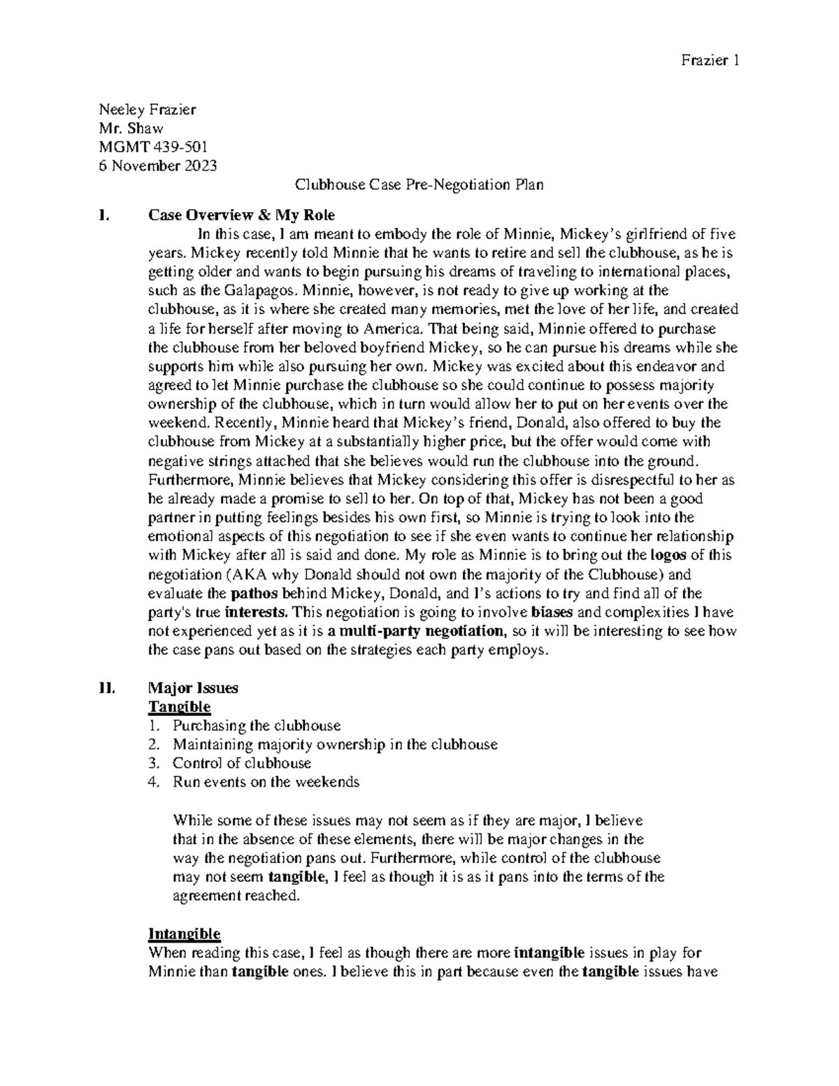 Clubhouse Case Pre-Negotiation Plan - Neeley Frazier Mr. Shaw MGMT 439 ...