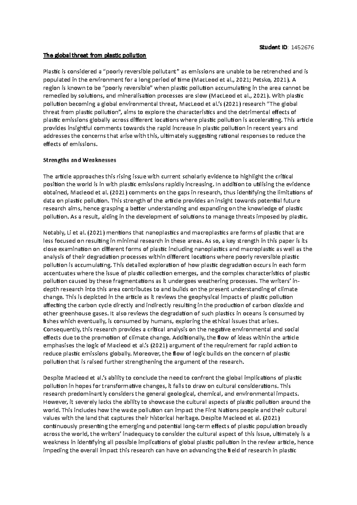 SCIE10005 Assignment 2 - Student ID: 1452676 The global threat from ...