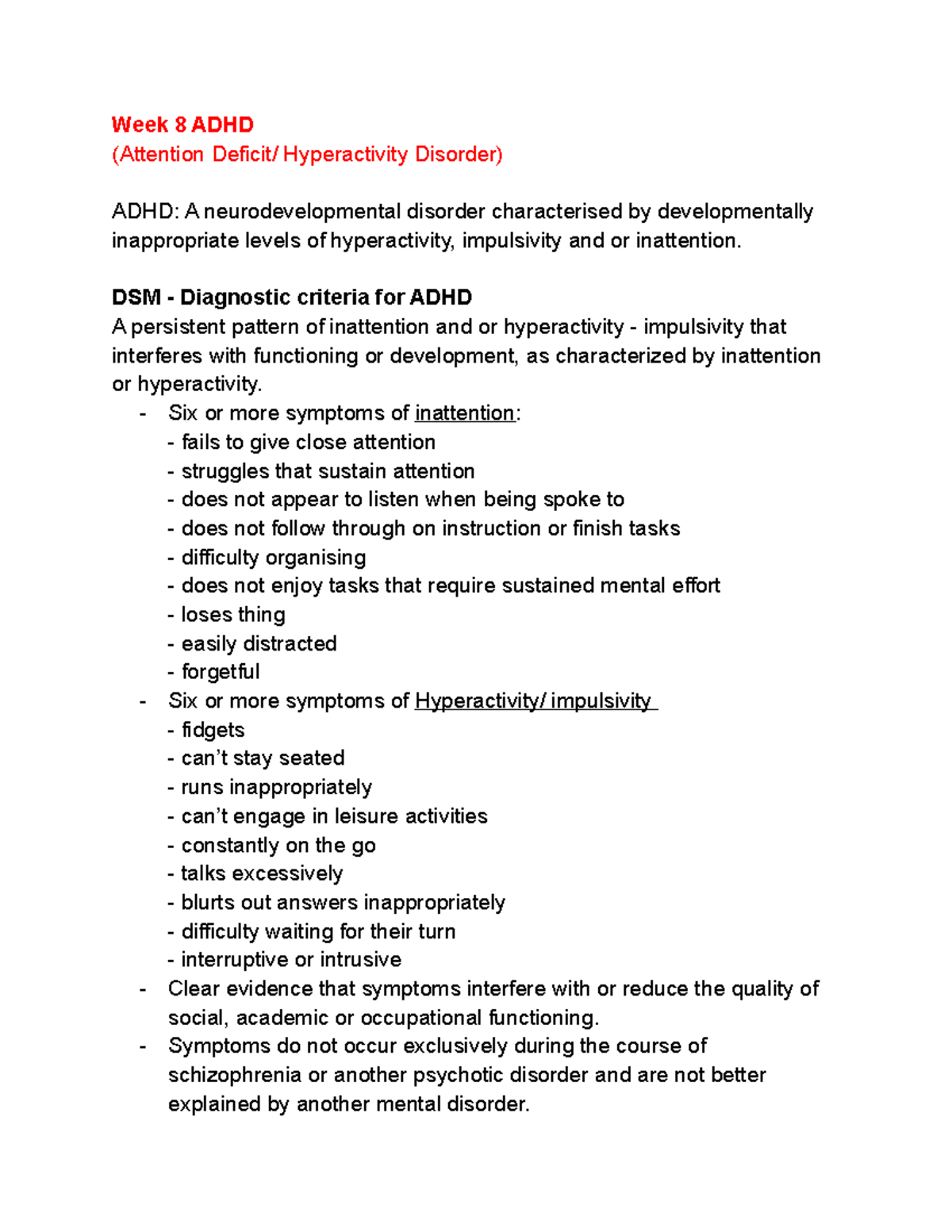 Week 8 ADHD - Summary of week 8 (ADHD) - Week 8 ADHD (Attention Deficit ...