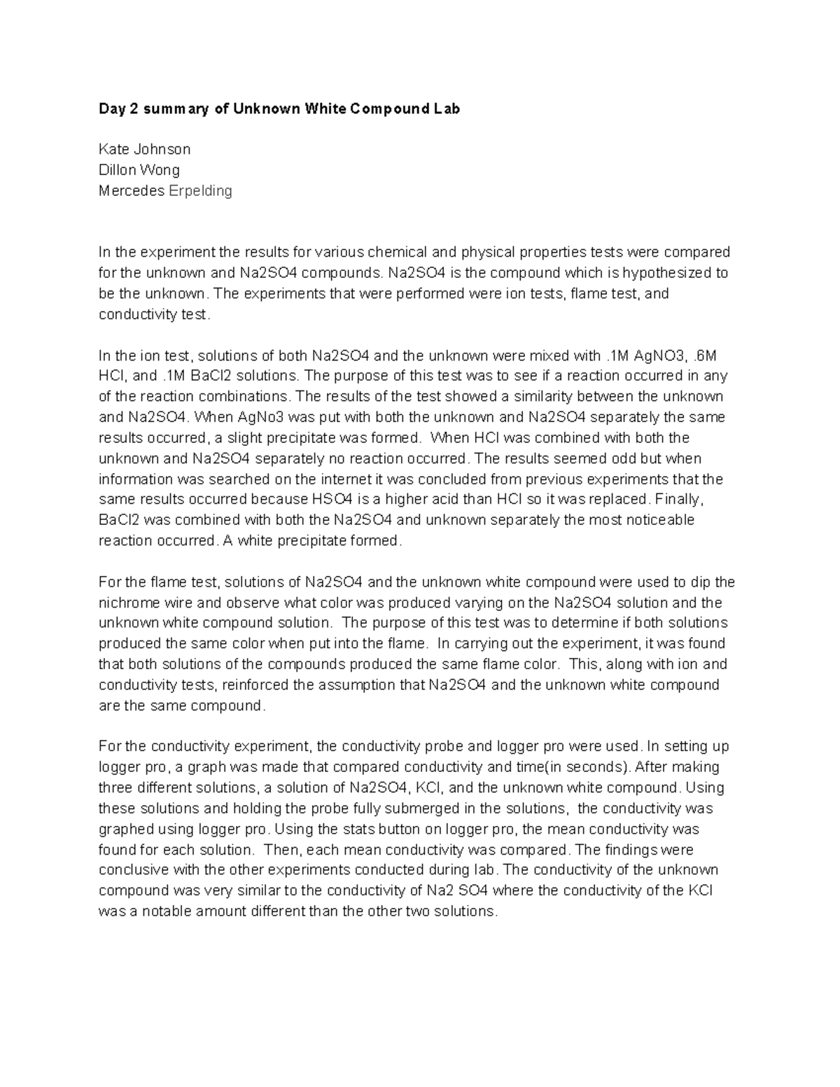 Day 2 Summary of Unknown White Compound lab - Na2SO4 is the compound ...