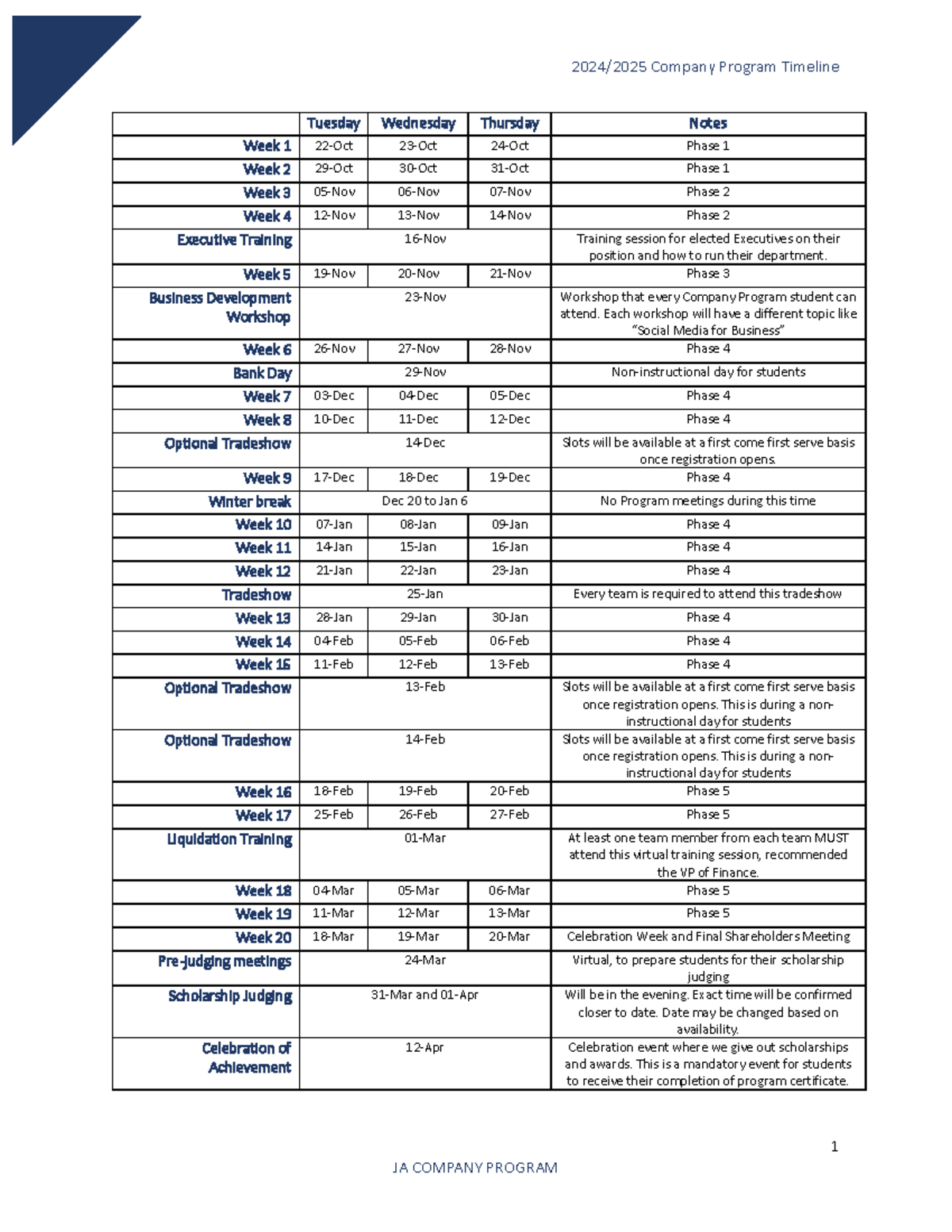 JA Company Program Schedule - 2024 /202 5 Company Program Timeline 1 JA ...