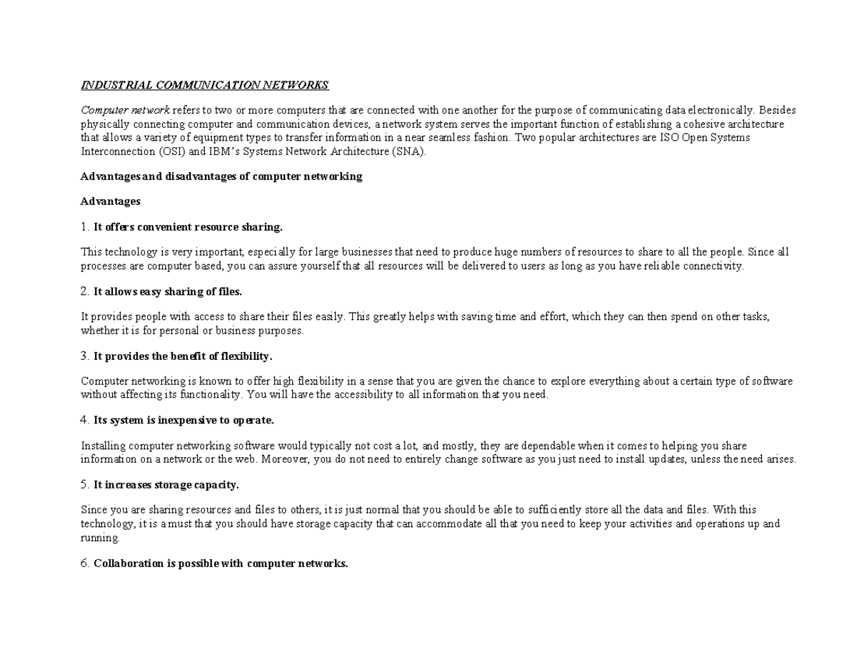 Industrial Communication Networks - INDUSTRIAL COMMUNICATION NETWORKS Computer network refers to ...