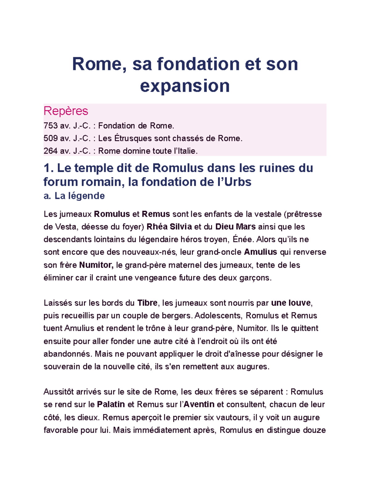 Rome, sa fondation et son expansion - Rome, sa fondation et son ...
