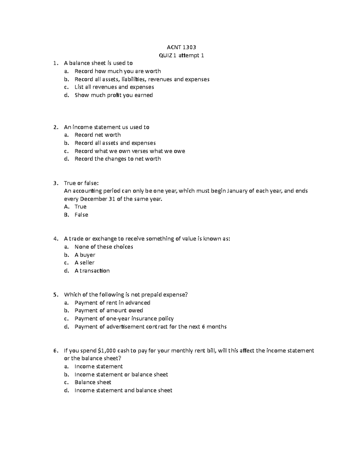Chapter 1: financial statements: personal accounting Quiz for AME ...