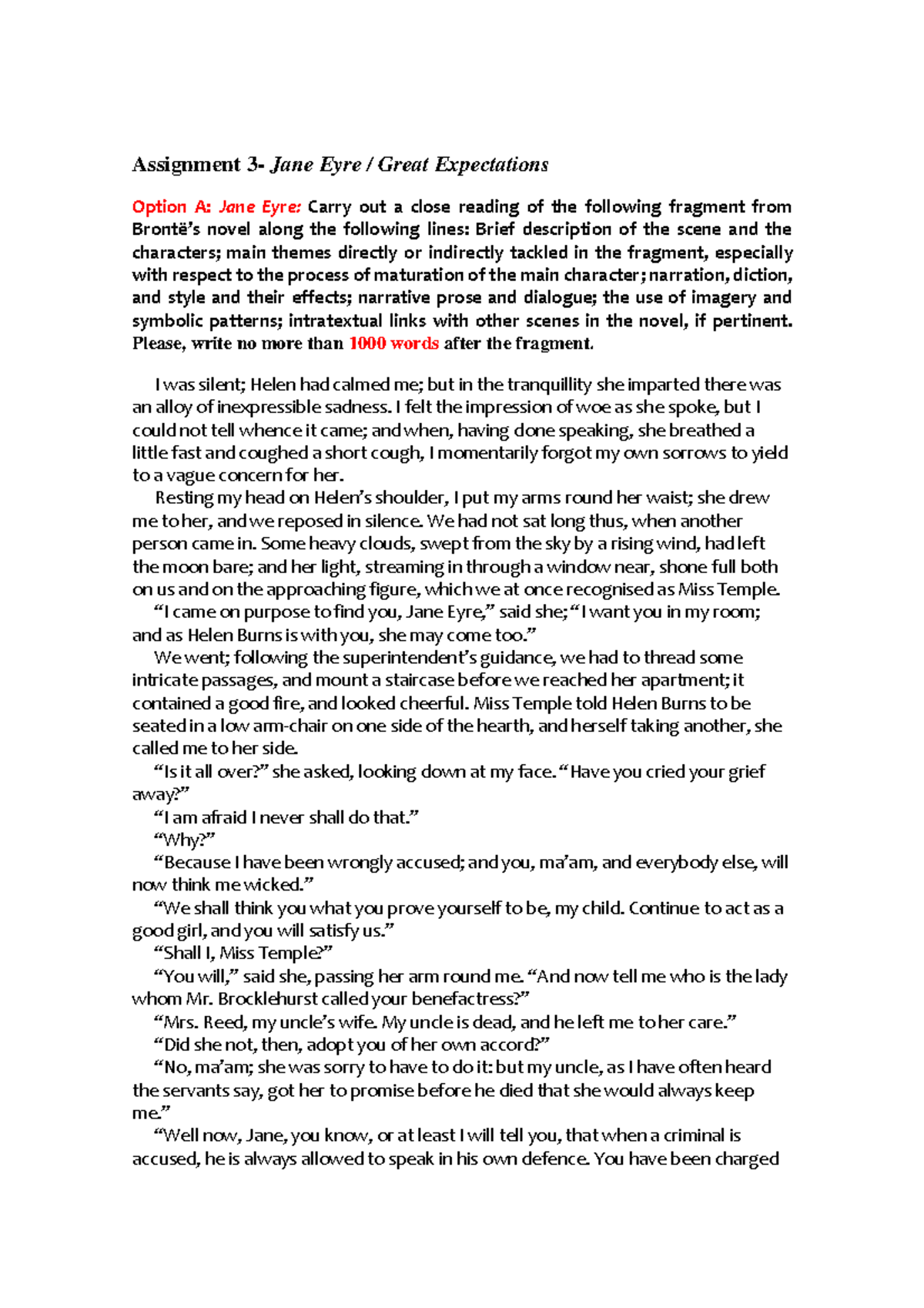 Assignment 3-Jane Eyre Great Expectations - Assignment 3- Jane Eyre / Great Expectations Option ...