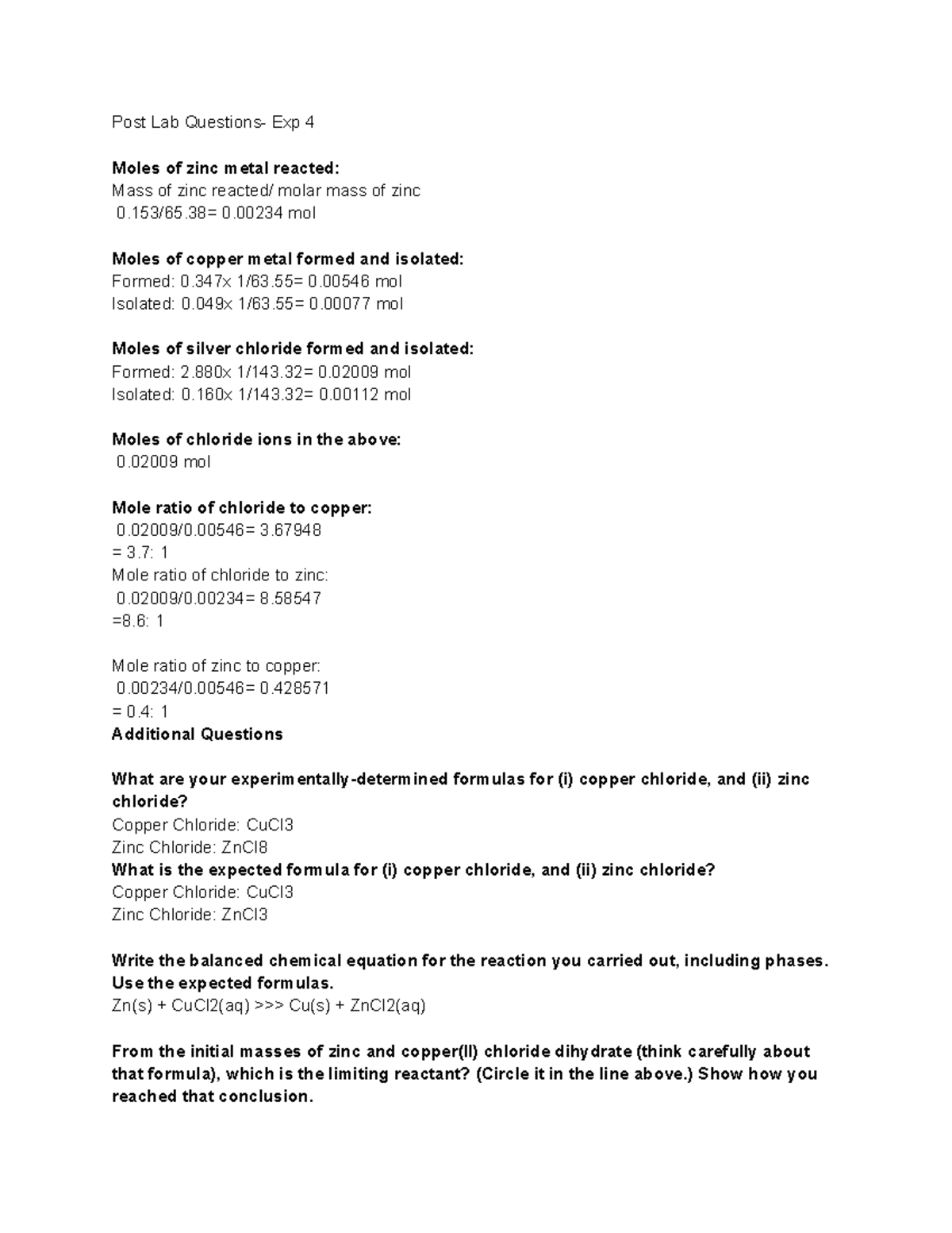 Post Lab Questions- Exp 4 - 153/65= 0 mol Moles of copper metal formed ...
