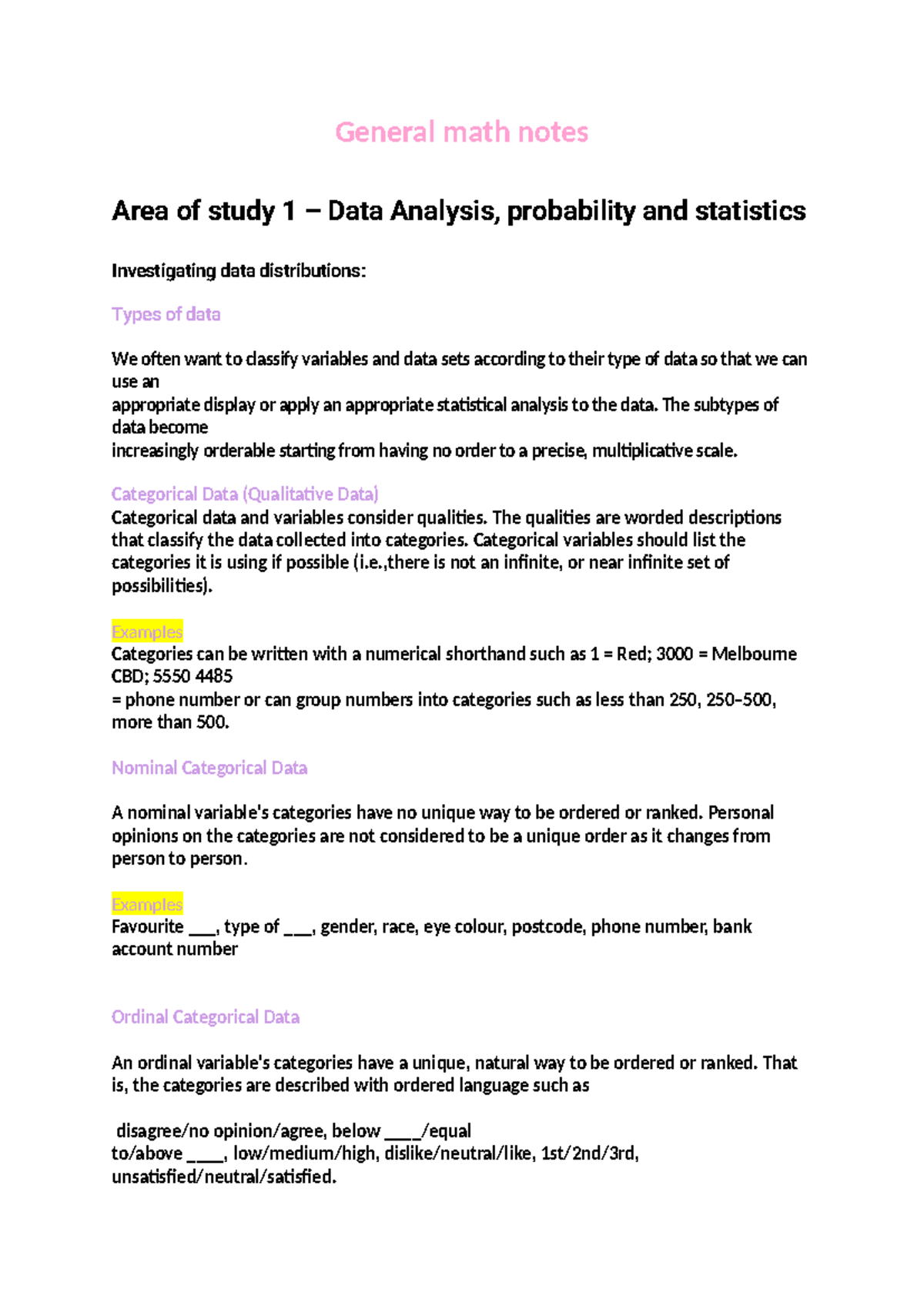 General math notes - General math notes Area of study 1 – Data Analysis ...