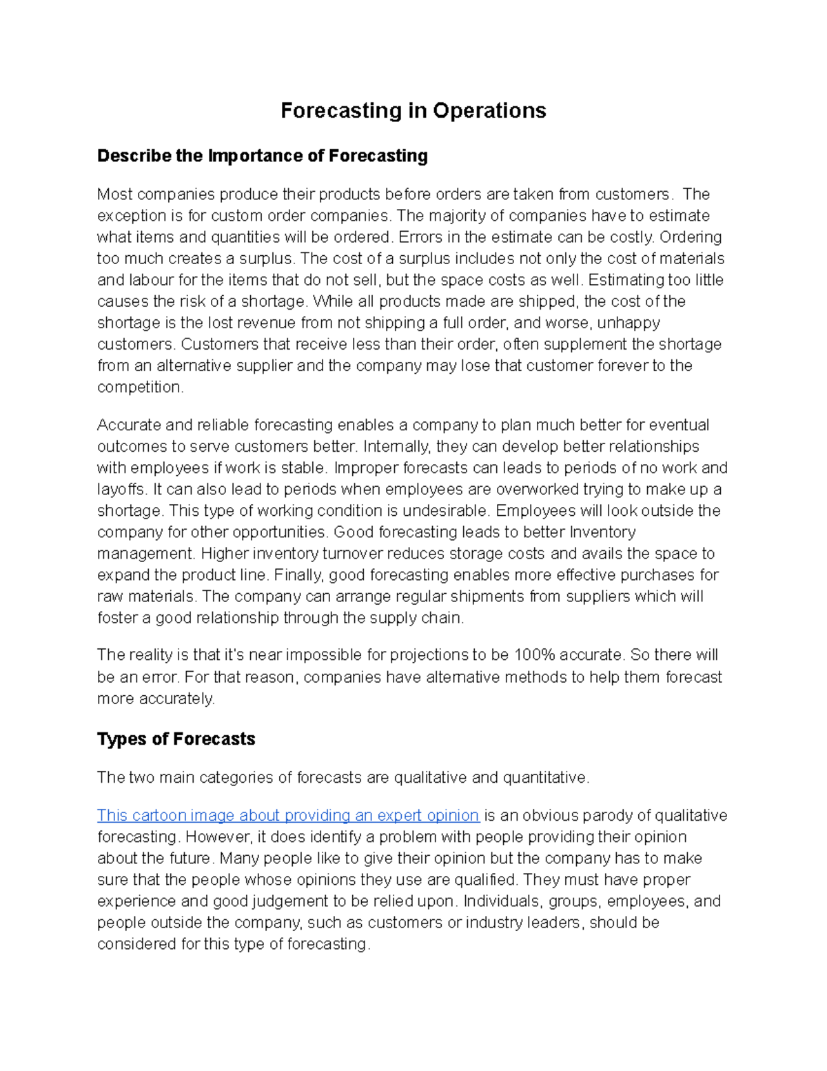 Forecasting in Operations - Forecasting in Operations Describe the Importance of Forecasting ...