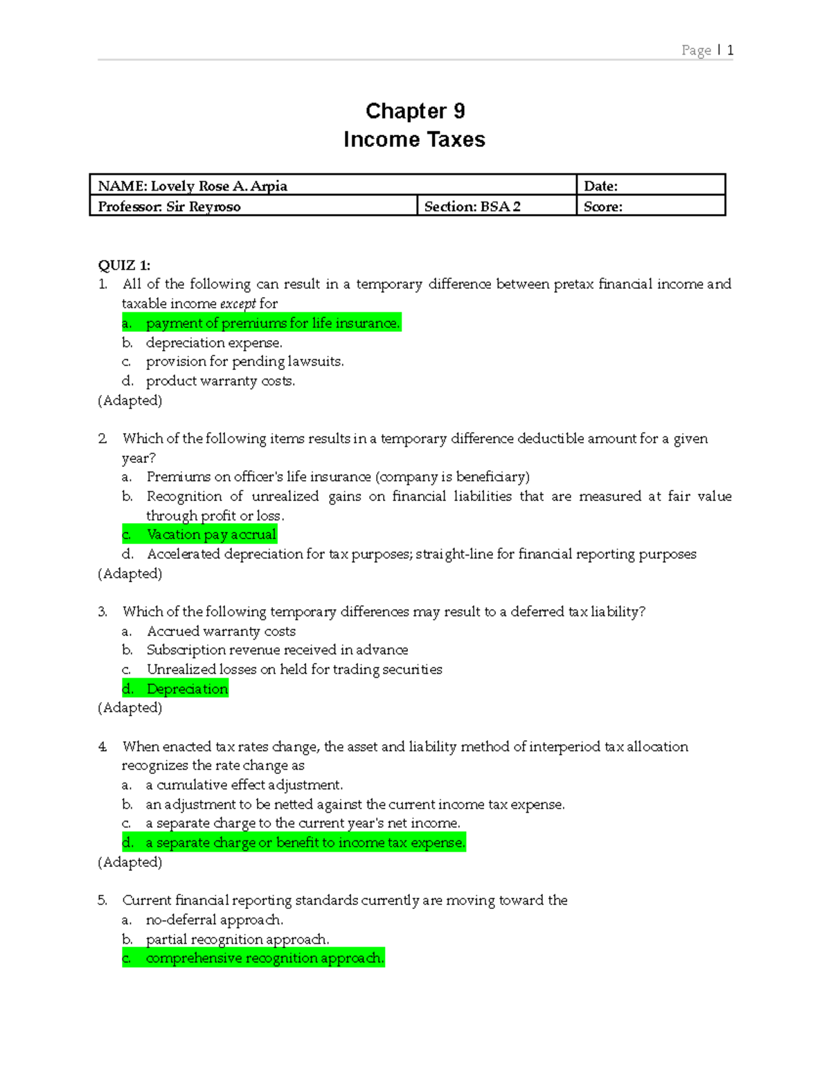Quiz Chapter 9 Income Taxes - Chapter 9 Income Taxes NAME: Lovely Rose ...