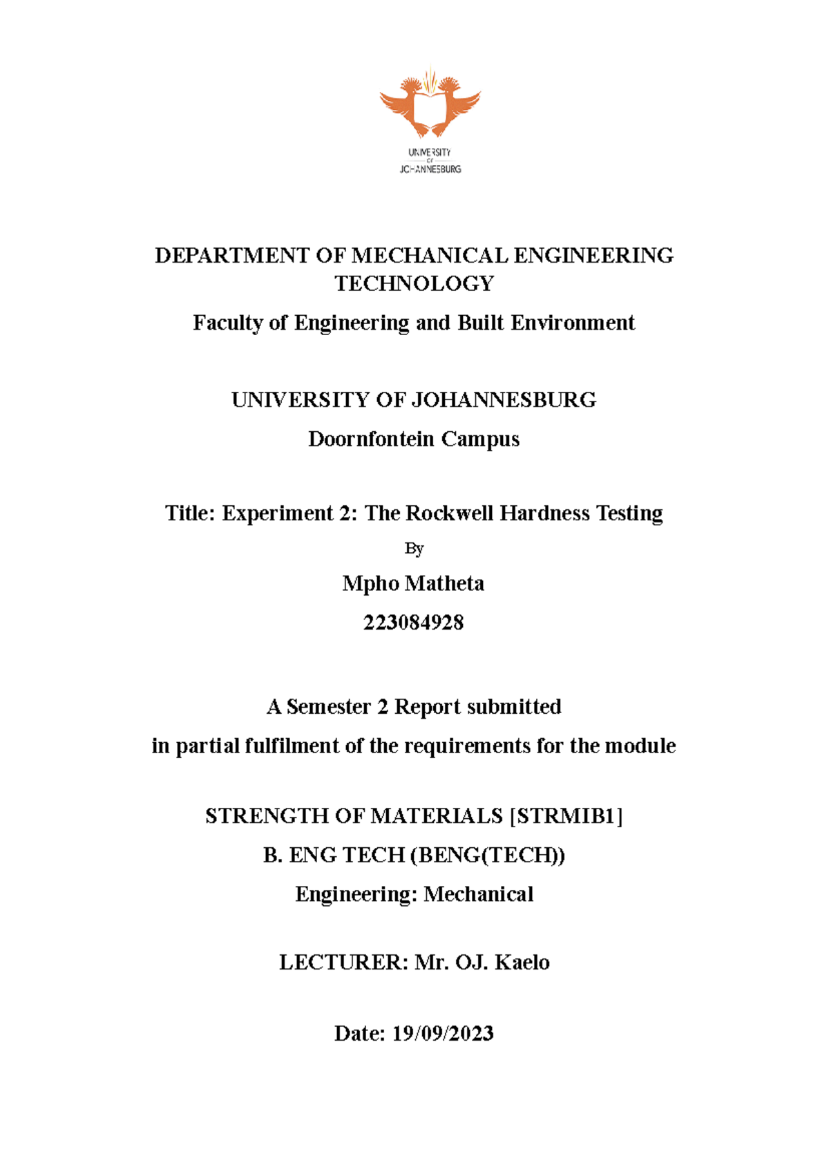 Experiment 2 LAB Report - DEPARTMENT OF MECHANICAL ENGINEERING ...