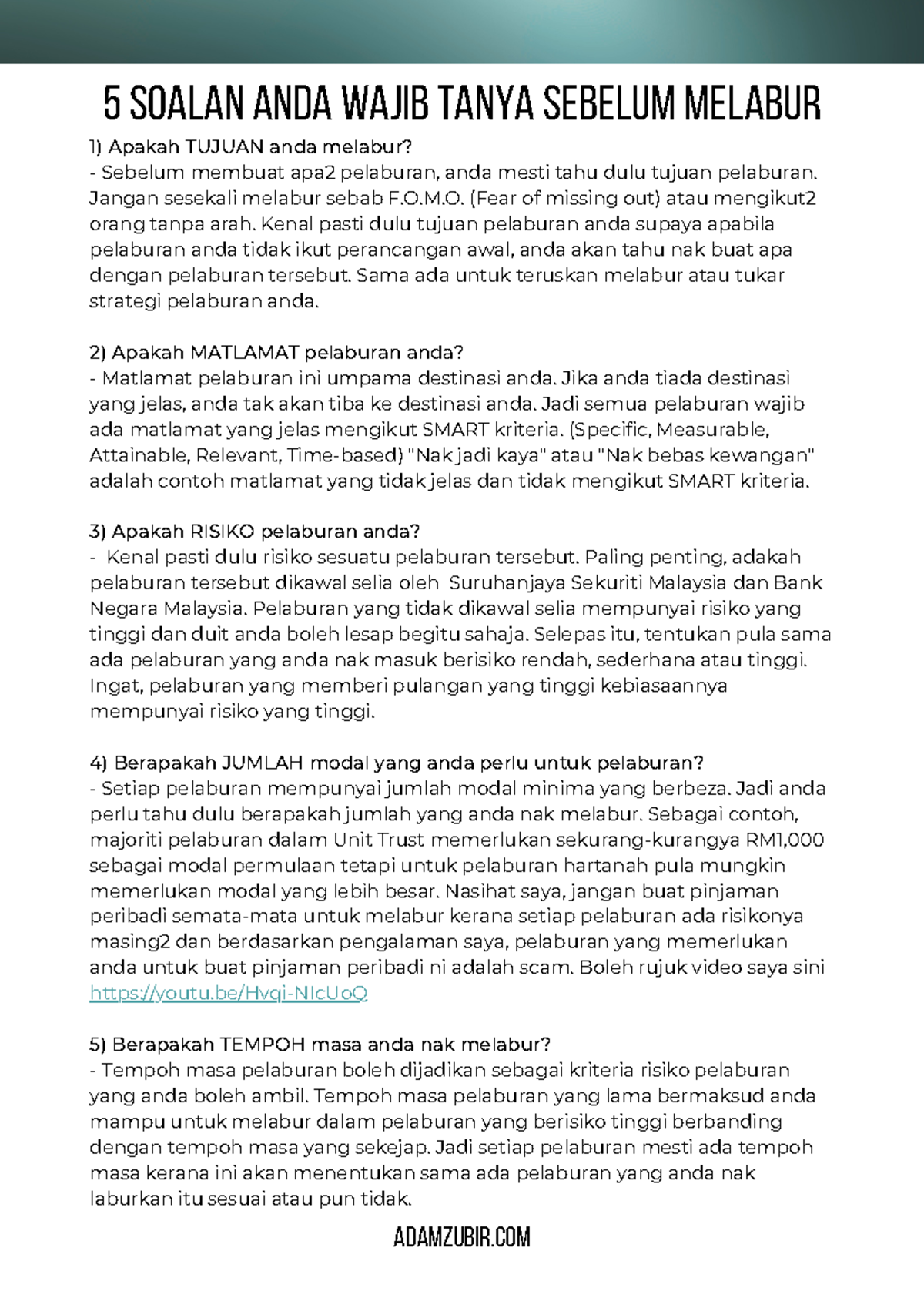 5 Soalan Wajib Tanya Sebelum Melabur - 1) Apakah TUJUAN anda melabur ...